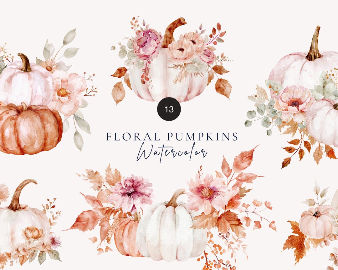 Watercolor Floral Pumpkins Clipart, Autumn Pumpkin Bouquets PNG, Fall ...