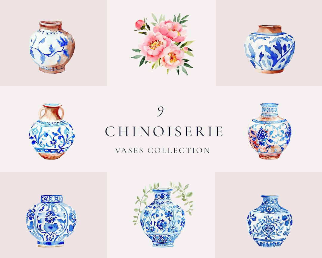 Ginger Jar Clipart With Pink Peonies, Chinoiserie Blue Vase Watercolor ...