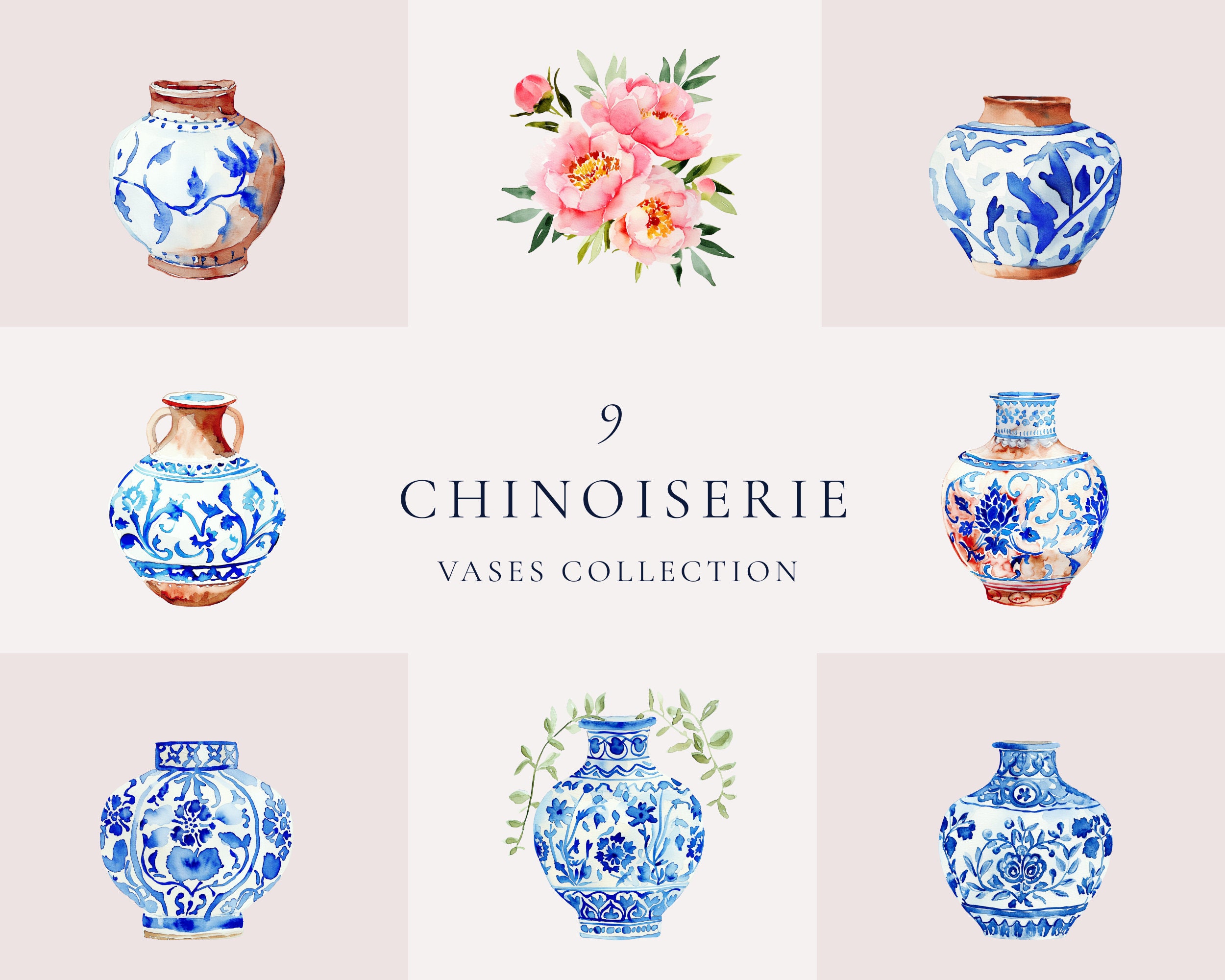 Ginger Jar Clipart With Pink Peonies, Chinoiserie Blue Vase Watercolor ...