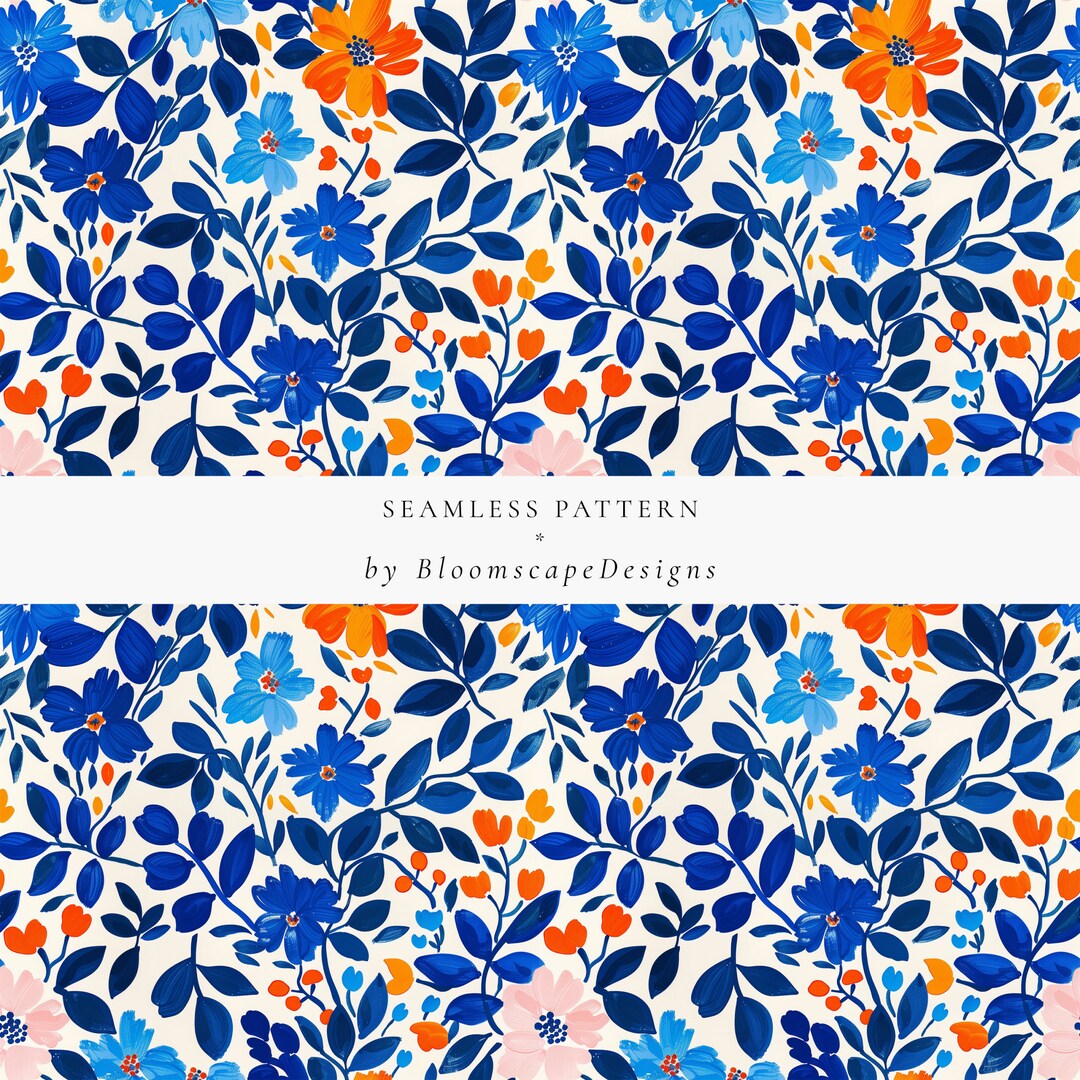 Acrylic Blue Whimsical Wallpaper, Bright Floral Seamless Pattern ...