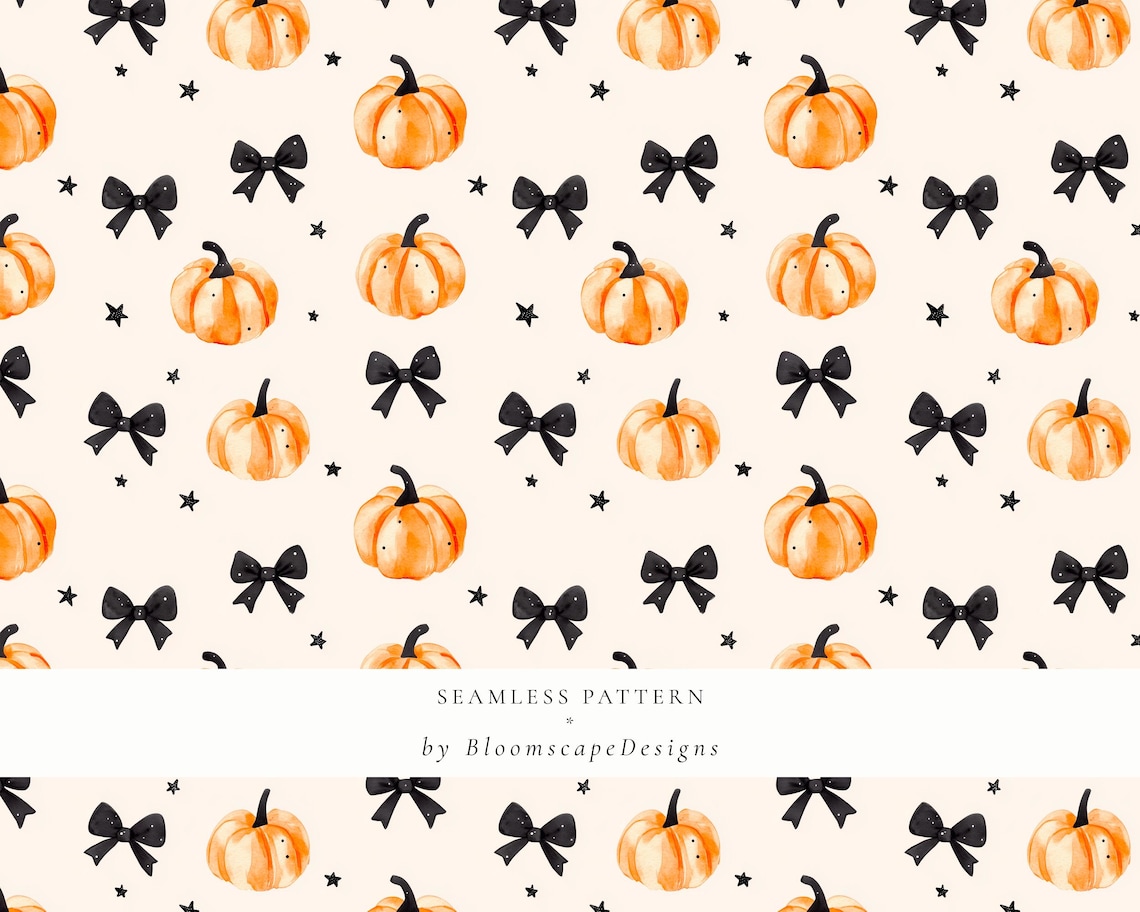 Watercolor Halloween Pumpkins Bows Seamless Pattern, Cute Halloween ...