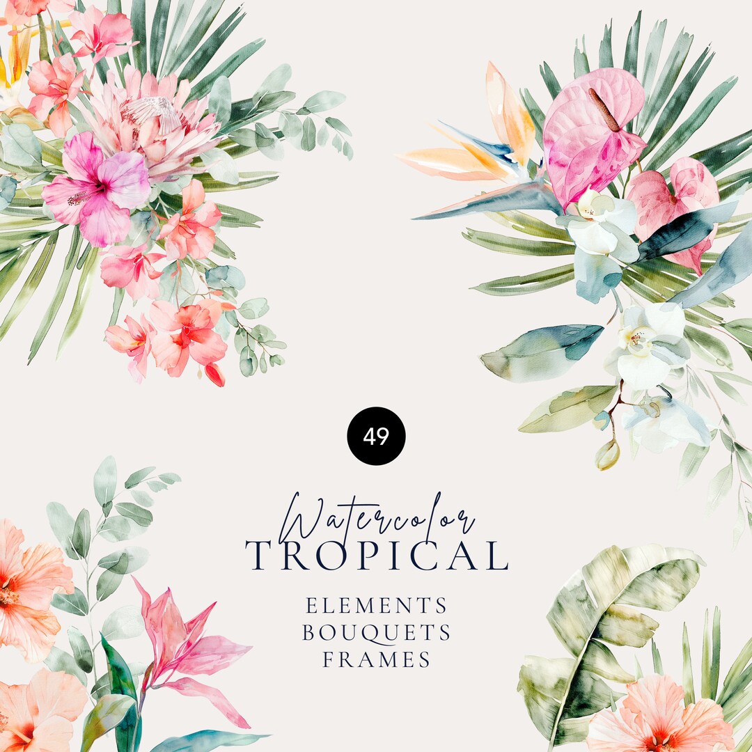 Tropical Watercolor Floral Clipart, Tropical Leaves, Tropical Bouquet ...