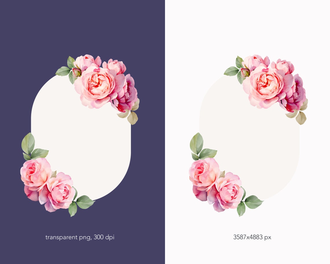 Pink Rose Frame Clipart, Rose Bouquet Frame Watercolor, Floral Border ...