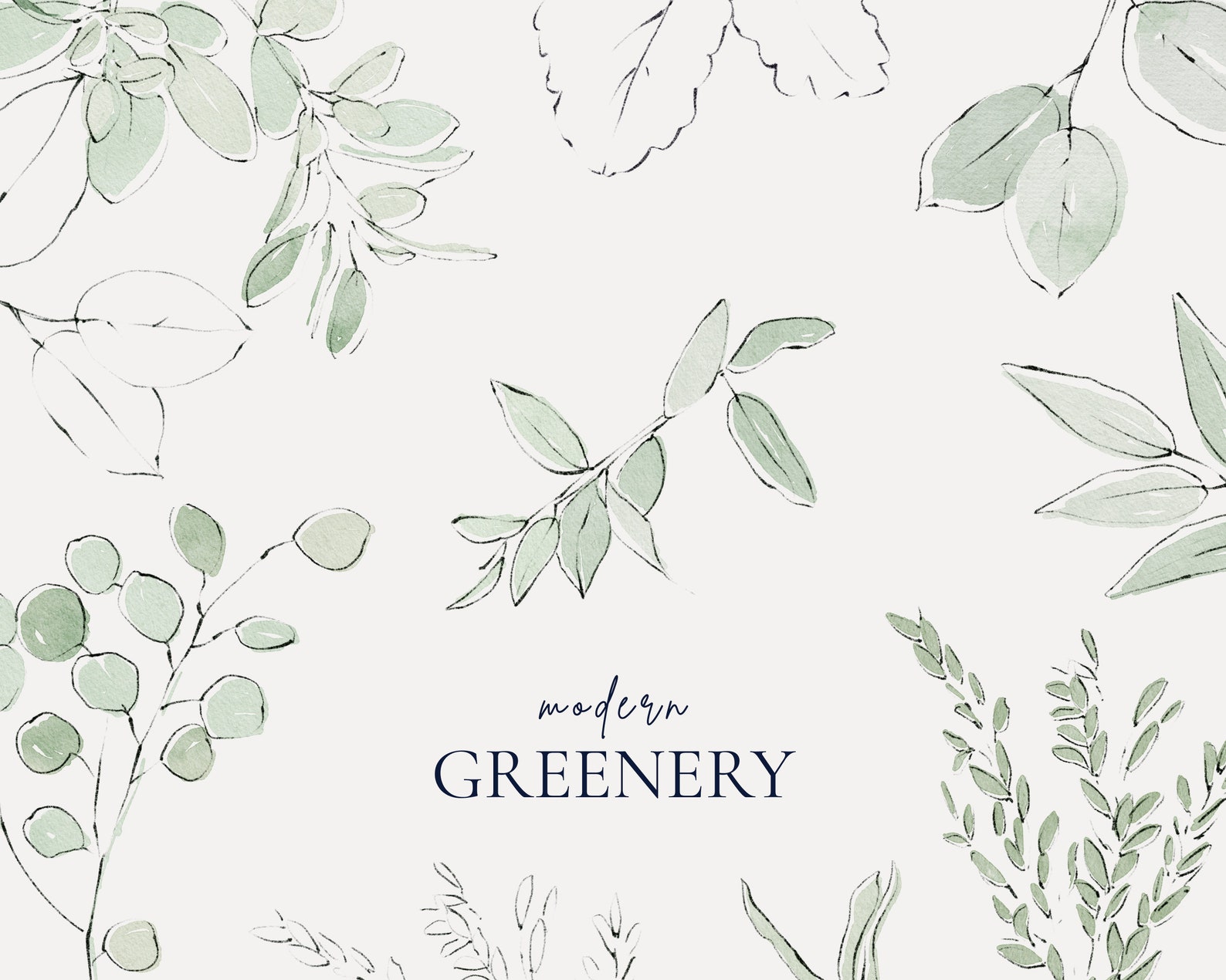 Minimalistic Watercolor Greenery Clipart, Modern Green Leaves Clipart ...