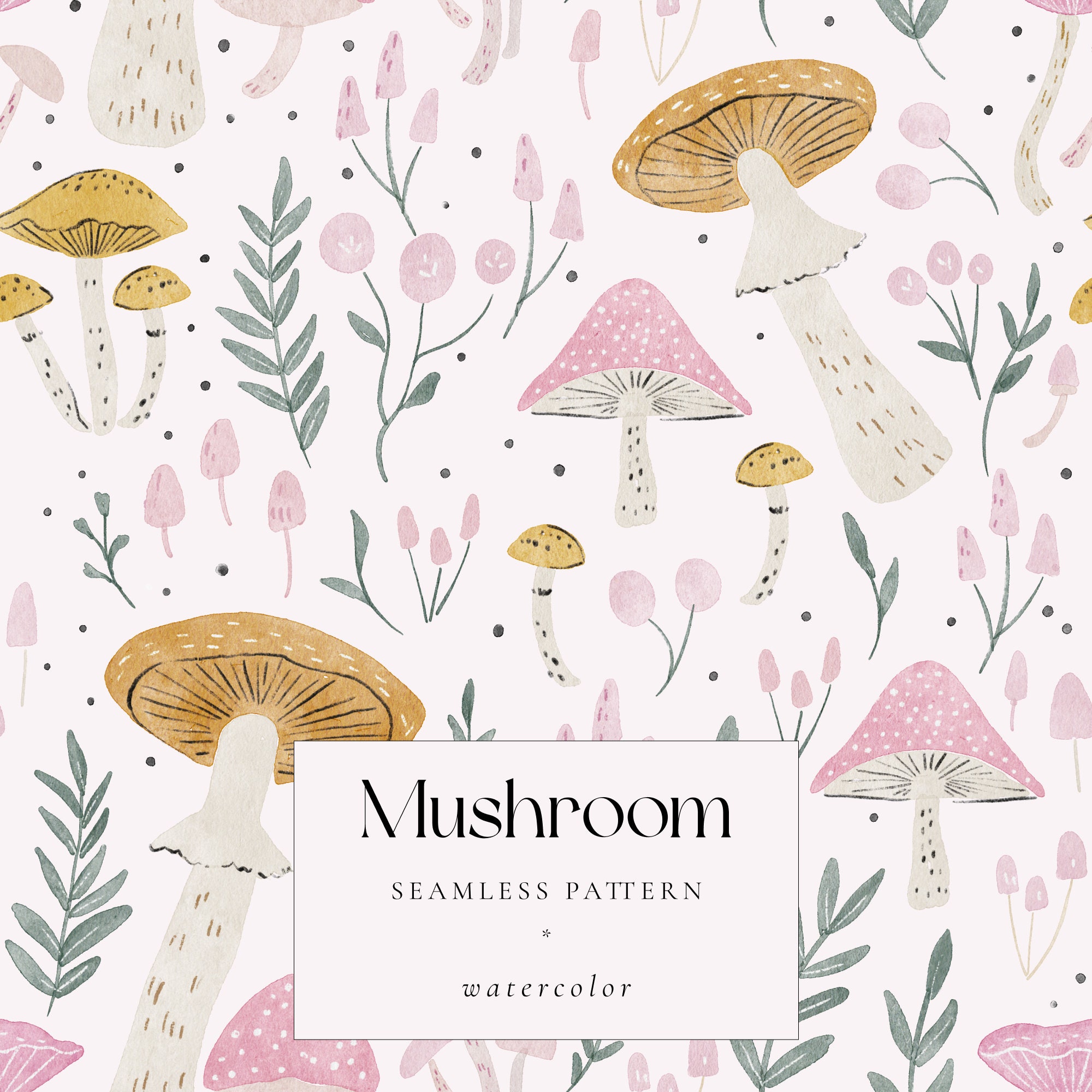 Pastel Mushroom Seamless Pattern, Hand-painted Watercolor Mushroom ...