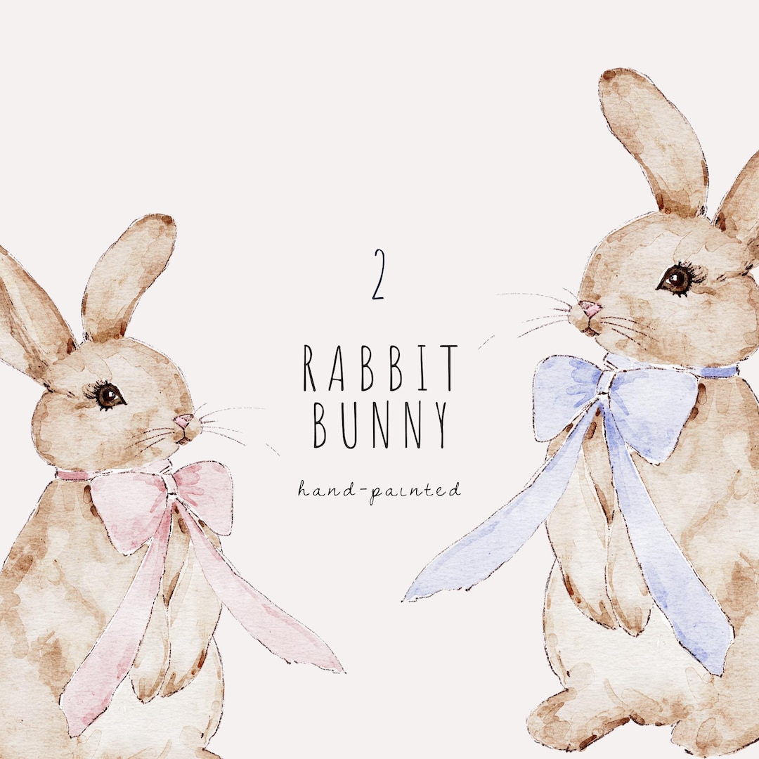 Watercolor Bunny Rabbit Clipart, Pink, Blue Bow Bunny Png, Hand-painted ...