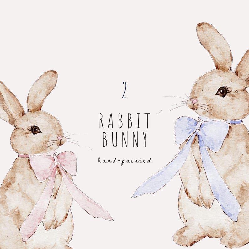 Watercolor Bunny Rabbit Clipart, Pink, Blue Bow Bunny Png, Hand-painted ...