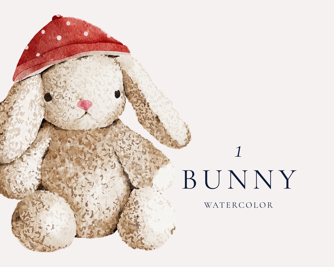 Cute Bunny Watercolor Clipart, Bunny Nursery Art, Baby Bunny Toy, Plush ...