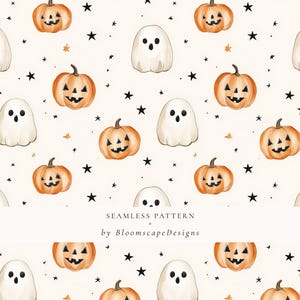 Halloween Ghost and Pumpkin Seamless Pattern, Cute Watercolor Ghosts ...