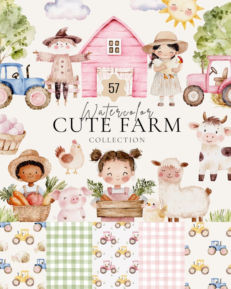 Watercolor Farm Clipart Bundle, Cute Farm Animals PNG, Rustic ...