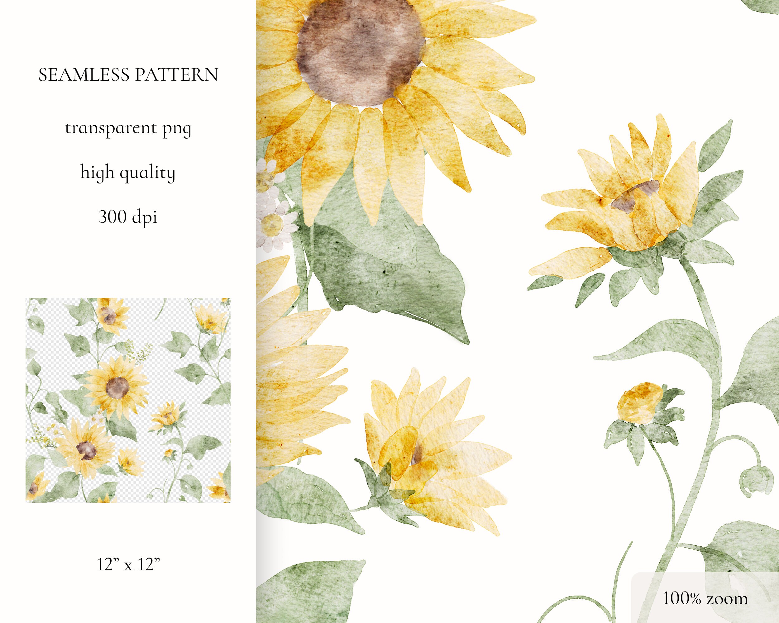 Sunflower Watercolor Digital Paper, Seamless Botanical Sunflower ...