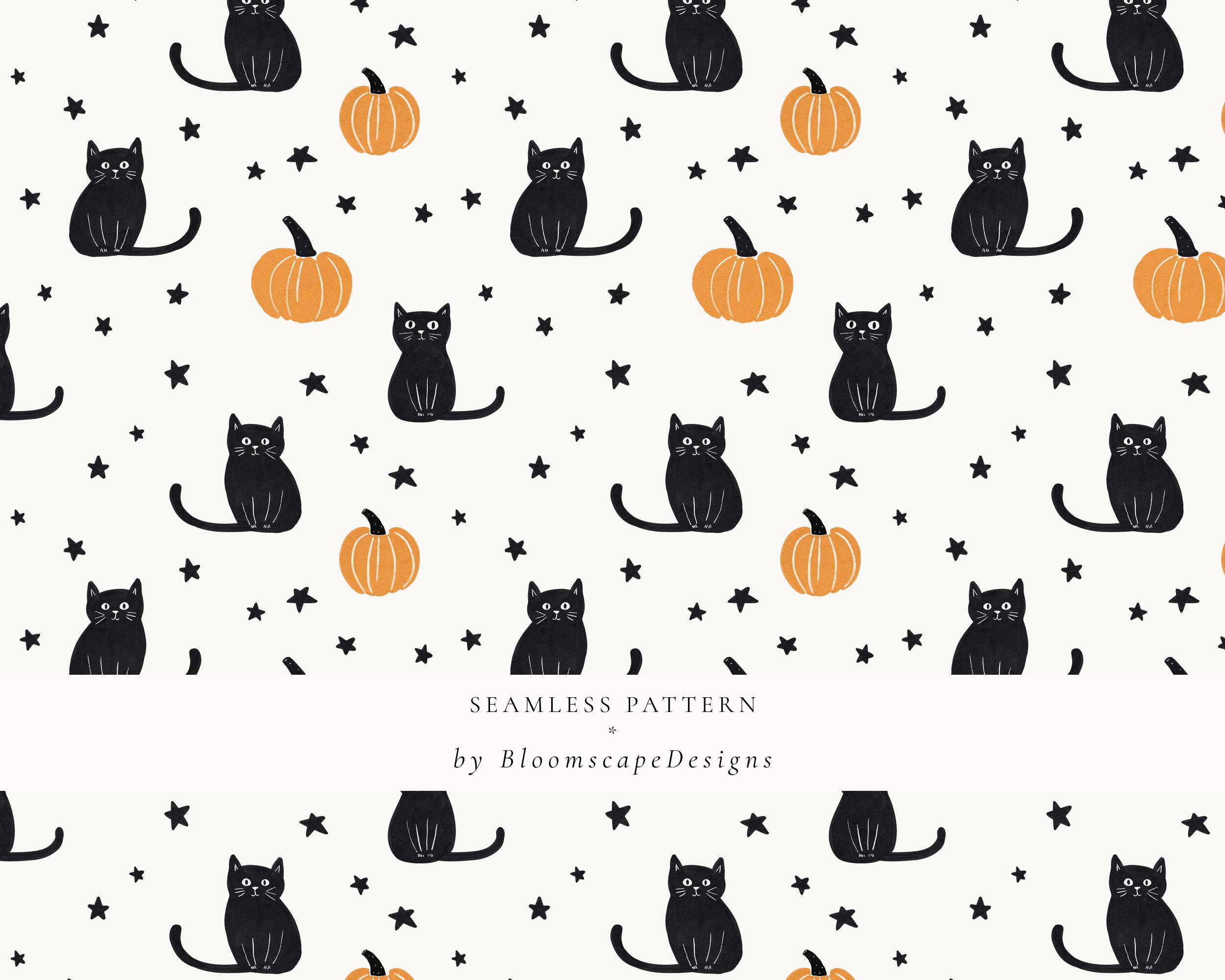 Halloween Black Cat and Pumpkin Seamless Pattern, Cute Ghost Cat ...