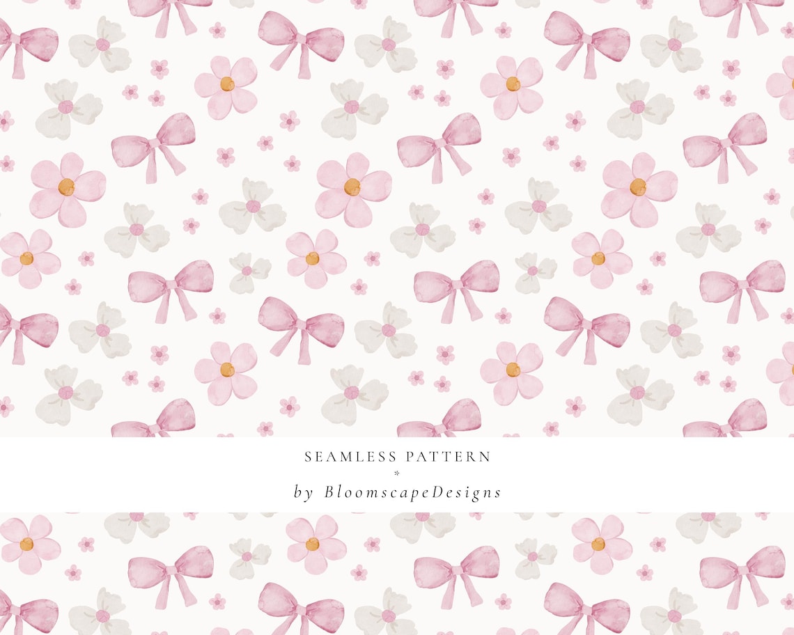 Watercolor Pink Bow Pattern, Floral Seamless Digital Paper, Cute Girly ...