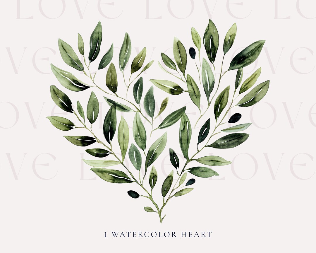 Watercolor Olive Branches Heart-shaped Wreath, Watercolor Greenery ...