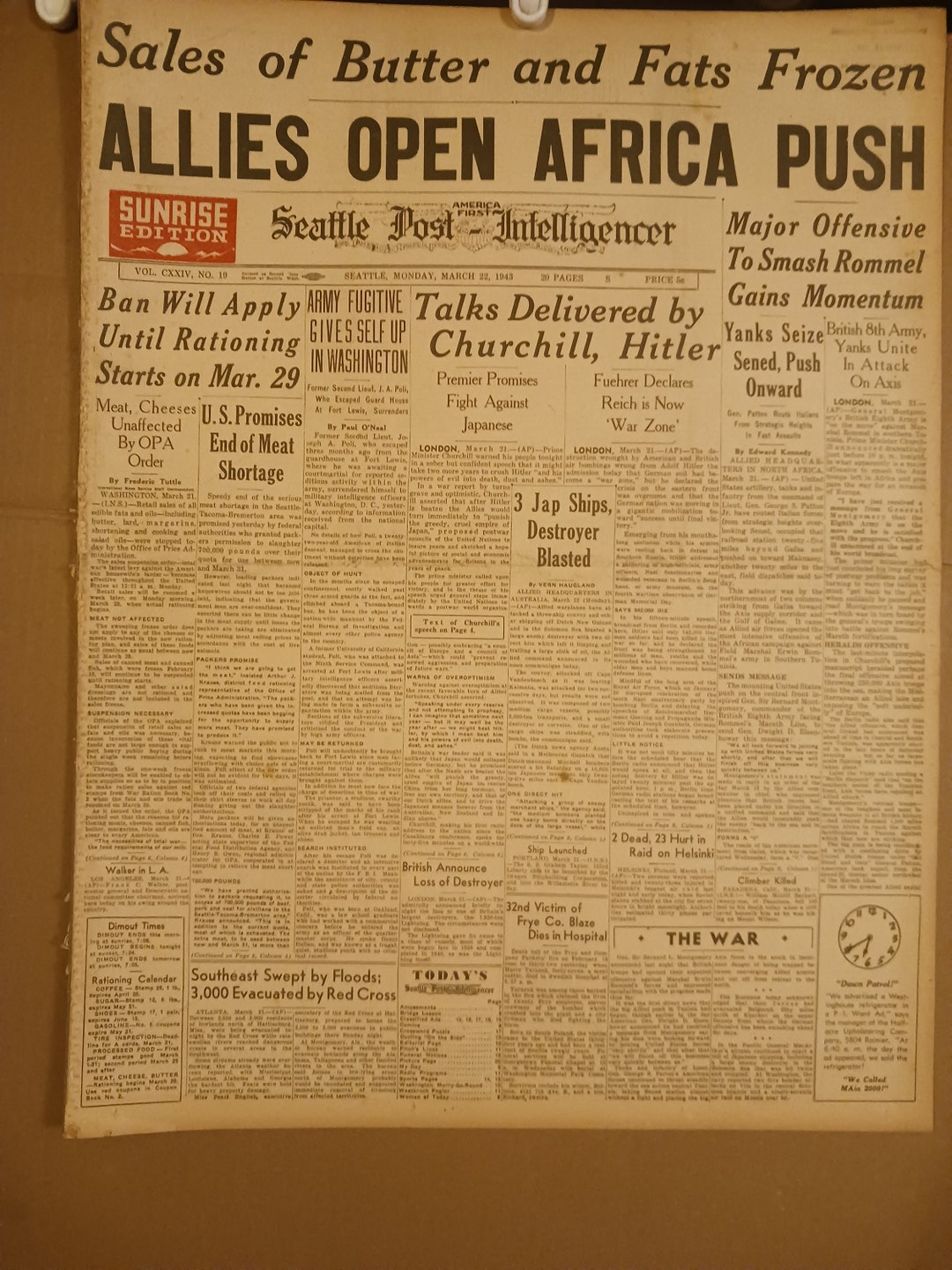 Seattle Post Intelligencer Newspaper March 22 1943 ROMMEL - Etsy