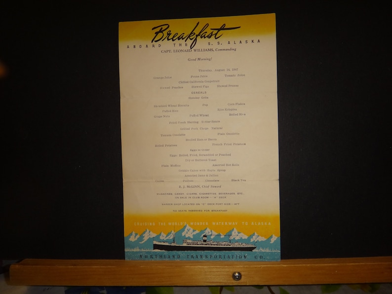 S.S. ALASKA MENU - NORTHLAND - 1947 - Etsy