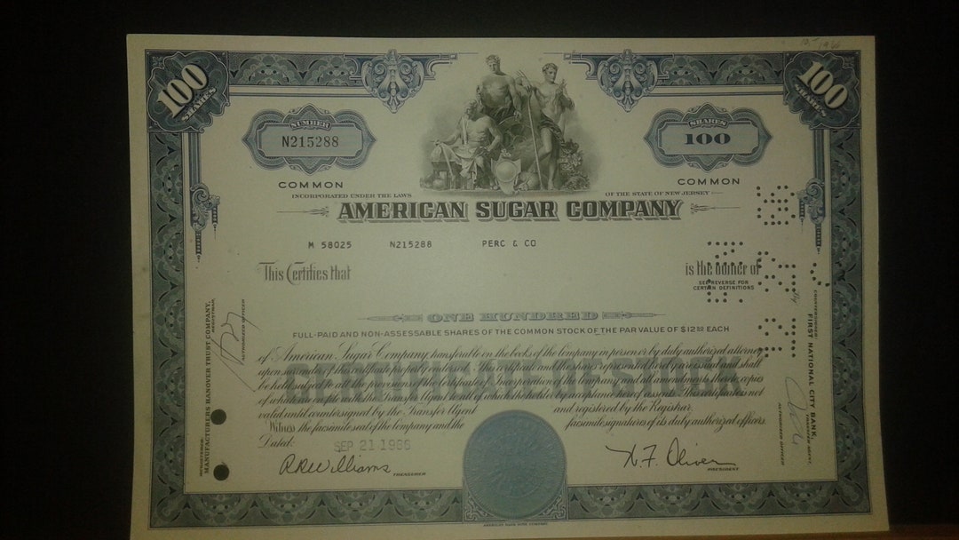 Stock Certificate - AMERICAN SUGAR COMPANY - 1966 - Etsy