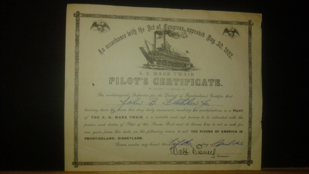 WALT DISNEY PILOT Certificate 1962 With Name of Fletcher - Etsy