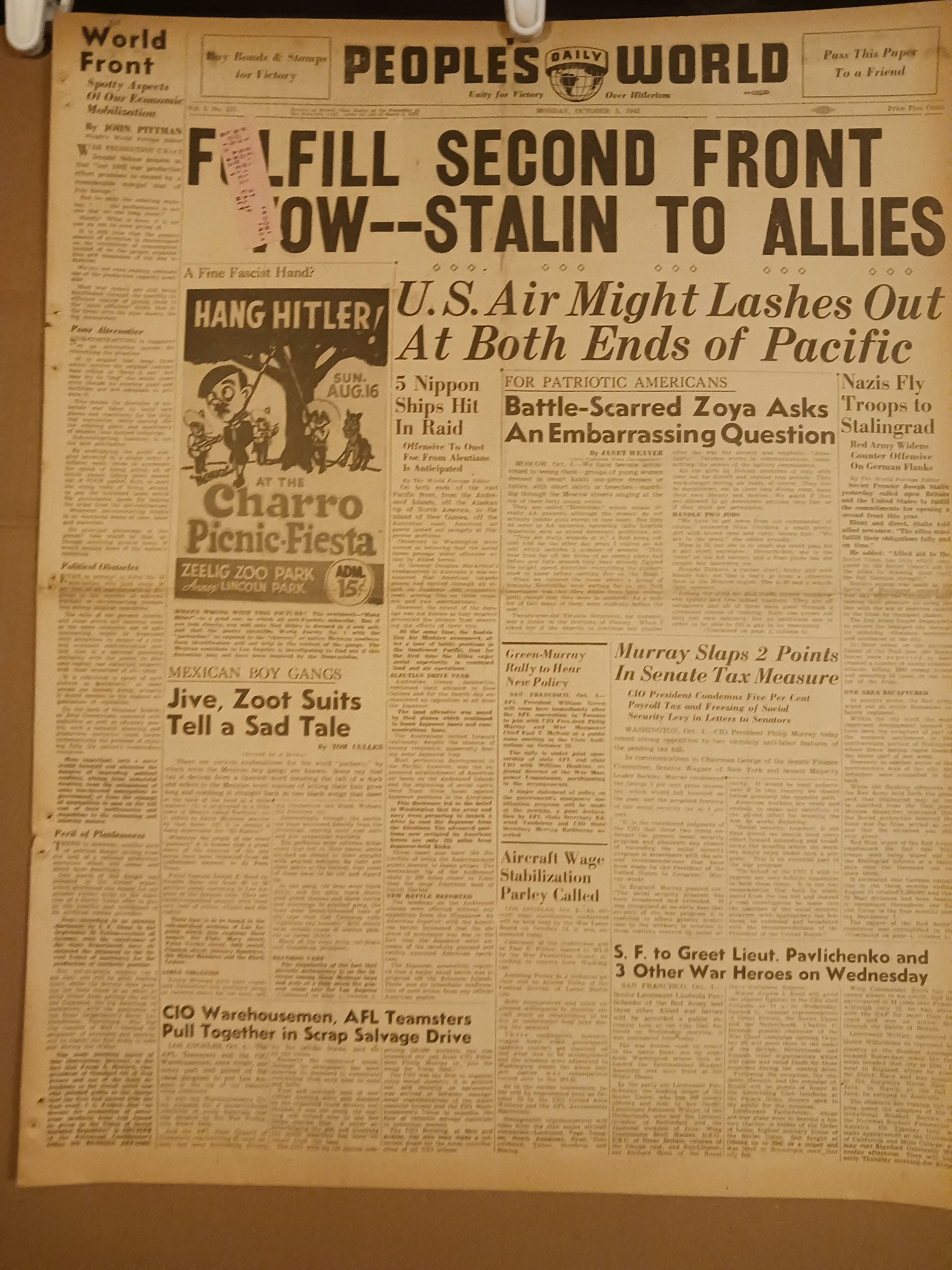 Peoples Daily World Newspaper - October 5, 1942 - STALIN TO ALLIES - Etsy