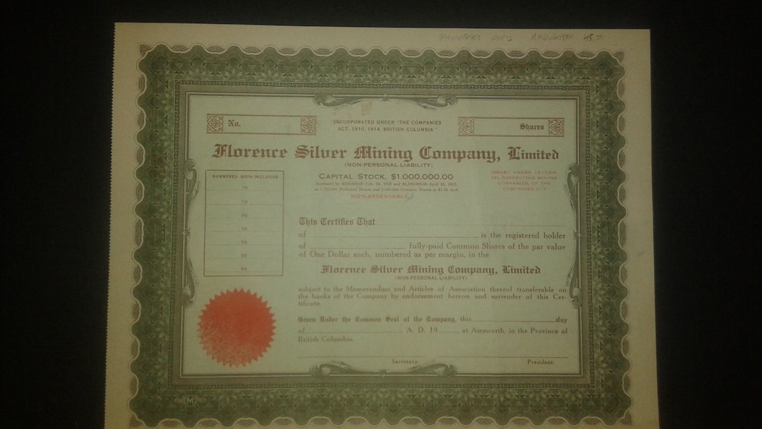 Stock Certificate - FLORENCE SILVER MINING Co - 1927 - Etsy