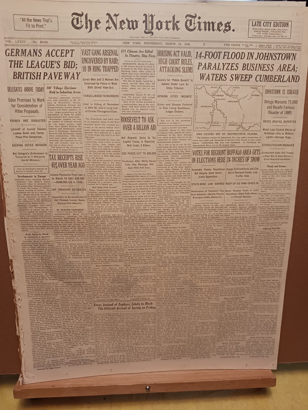 Newspaper - New York Times - FLOOD in JOHNSTOWN - March 18, 1936 - Etsy