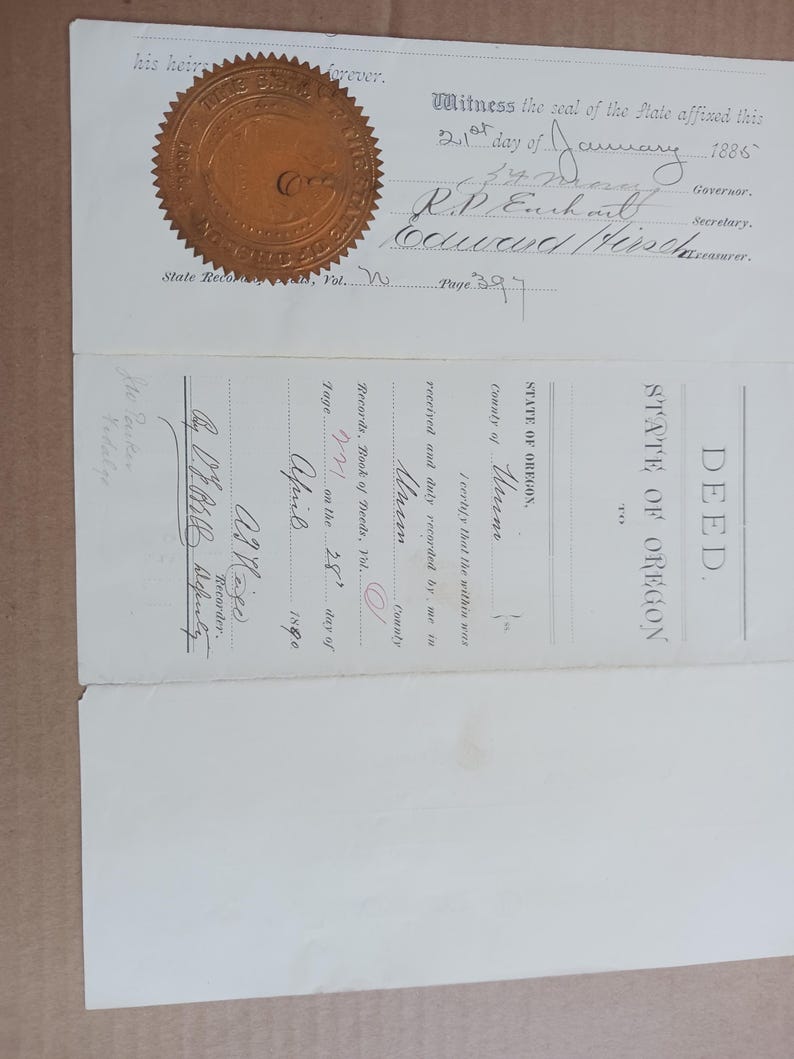 STATE of OREGON Land Deed April 28. 1890 - Etsy