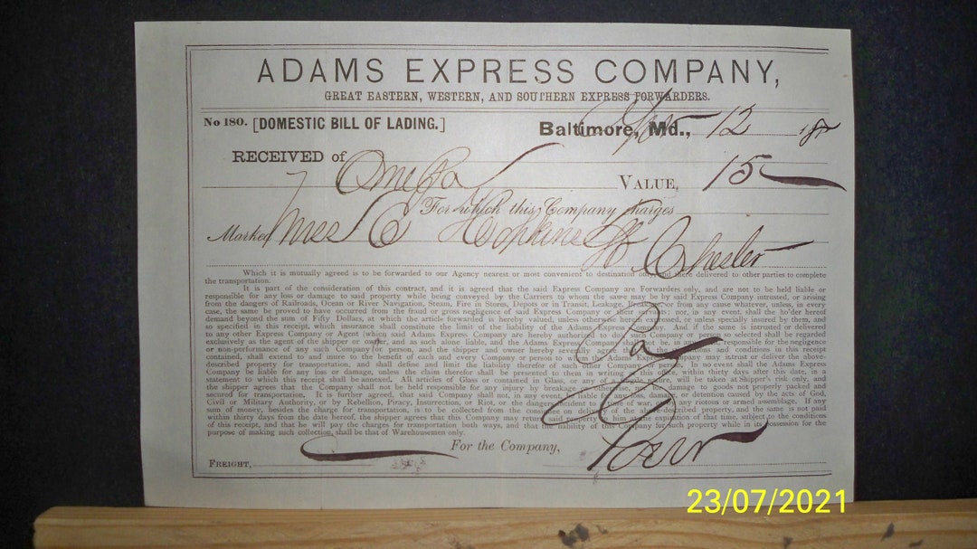 ADAMS EXPRESS Company Bill of Lading - 1878 - Etsy