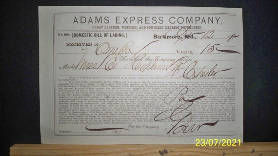 ADAMS EXPRESS Company Bill of Lading 1878 | Etsy