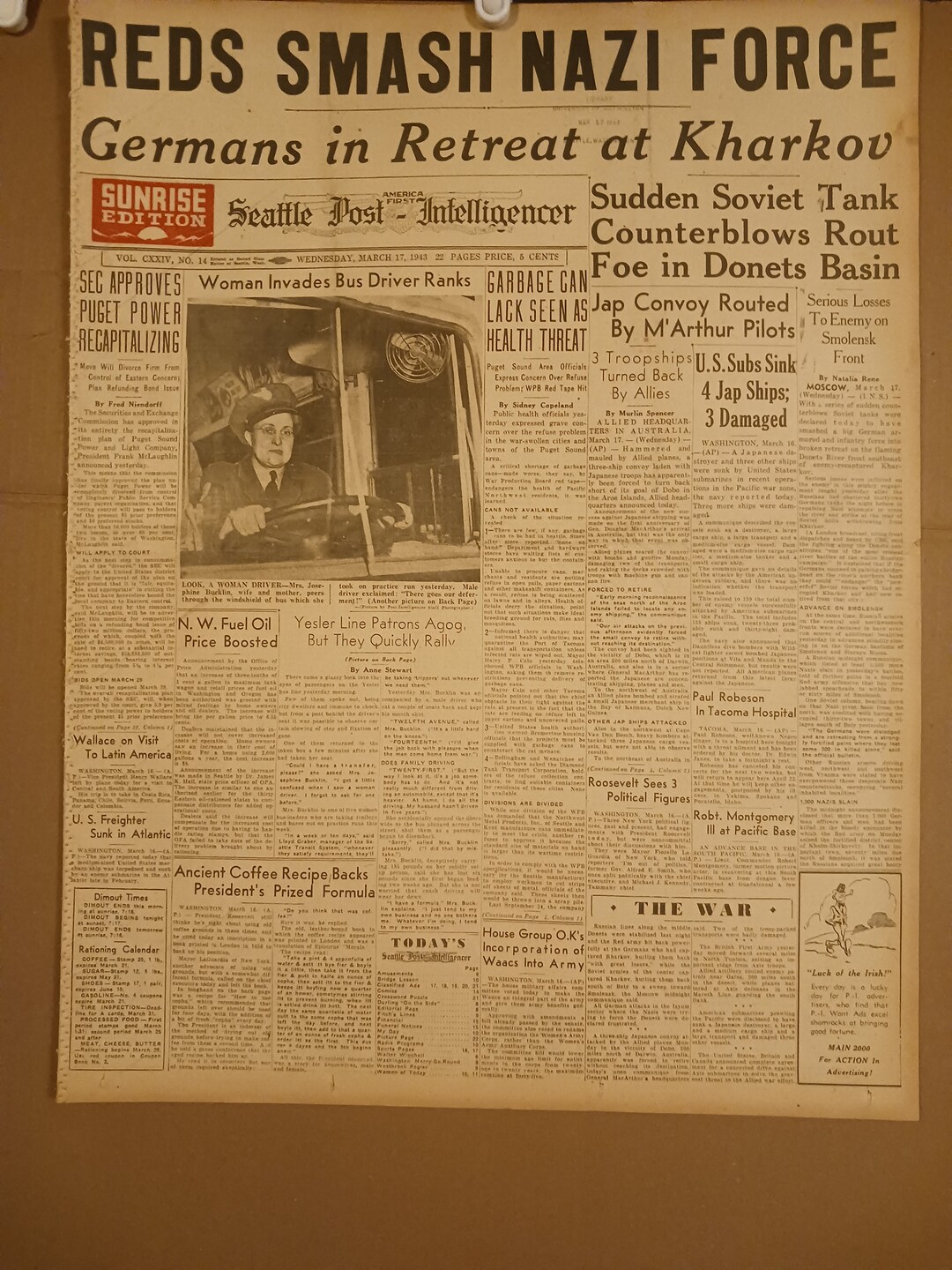 Seattle Post Intelligencer Newspaper - March 17, 1943 - GERMANS RETREAT ...