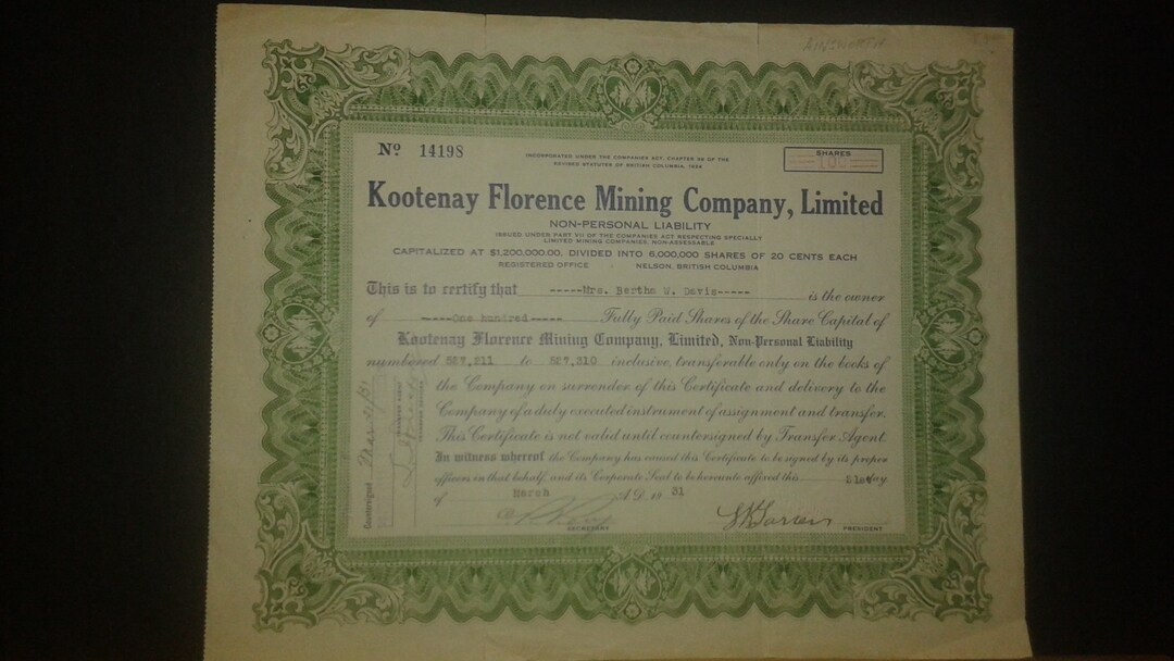 Stock Certificate - KOOTENAY FLORENCE MINING - 1931 - Etsy