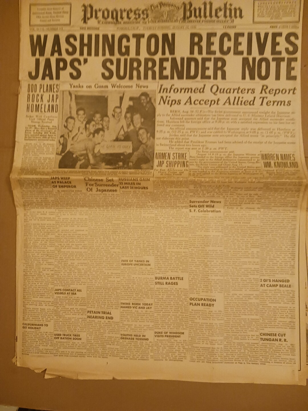 Progress Bulletin Newspaper - August 14, 1945 - JAPS SURRENDER NOTE - Etsy