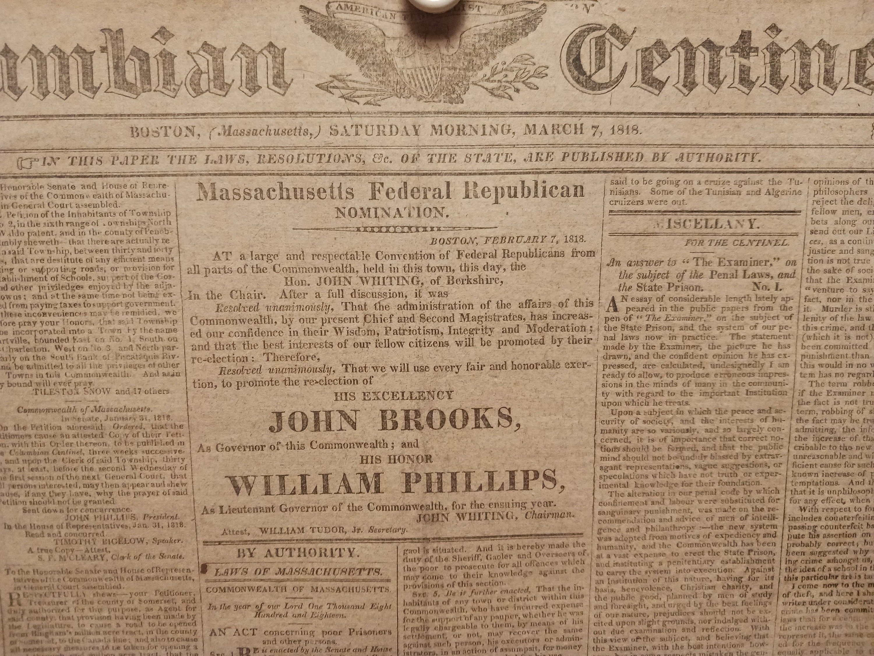 Newspaper - Columbian Centinel - GREAT Fire at NEWFOUNDLAND - March 7 ...