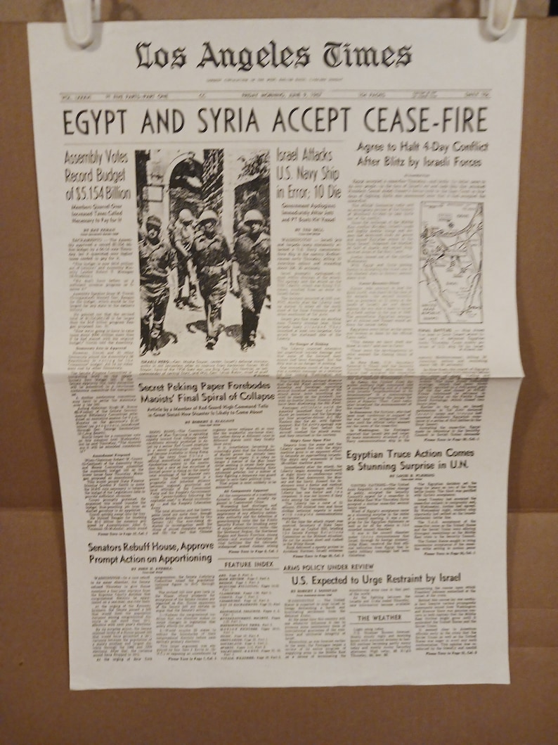 ISRAEL - Los Angeles Times Newspaper - CEASE FIRE Accepted - June 9 ...