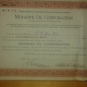 Stock Certificate - MOHAWK OIL CORPORATION 1920 - Etsy