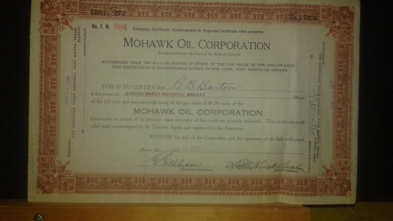 Stock Certificate - MOHAWK OIL CORPORATION 1920 - Etsy