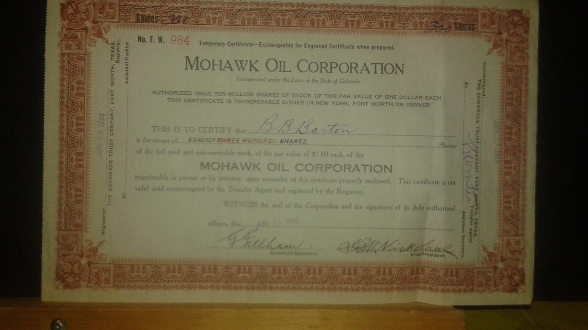 Stock Certificate - MOHAWK OIL CORPORATION 1920 - Etsy