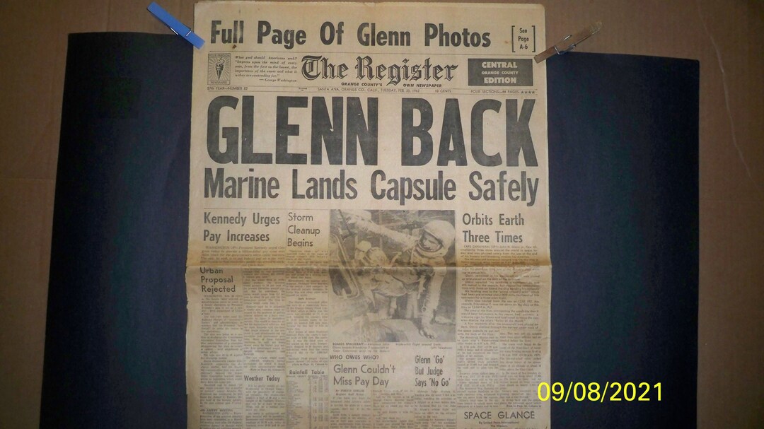 Newspaper - the Register - GLENN BACK From ORBIT - February 20, 1962 - Etsy