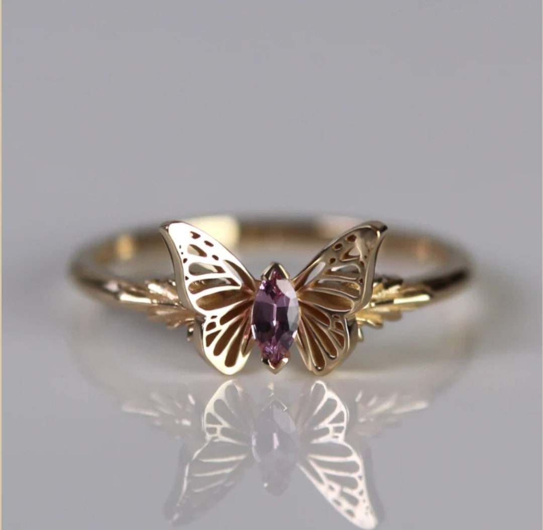 14K Gold Pink Amethyst Butterfly Ring - Vintage Nature Inspired - Etsy