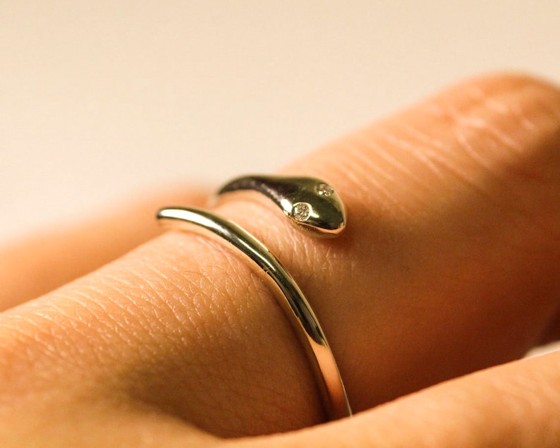 Snake Tiny Round Diamond Adjustable 9K Solid Gold Ring | Etsy