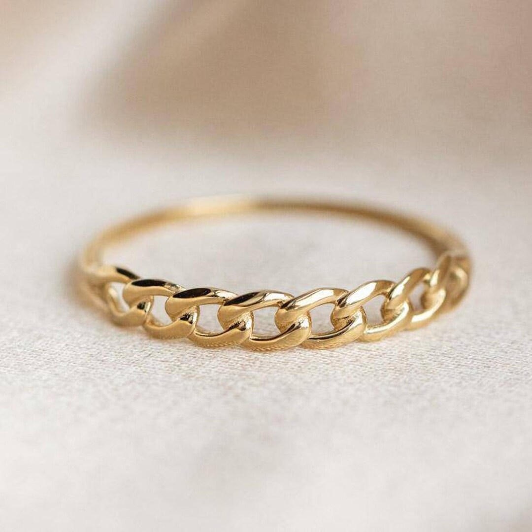 14K Solid Gold Link Chain Ring Stacking Dainty Curb Chain Ring Delicate ...
