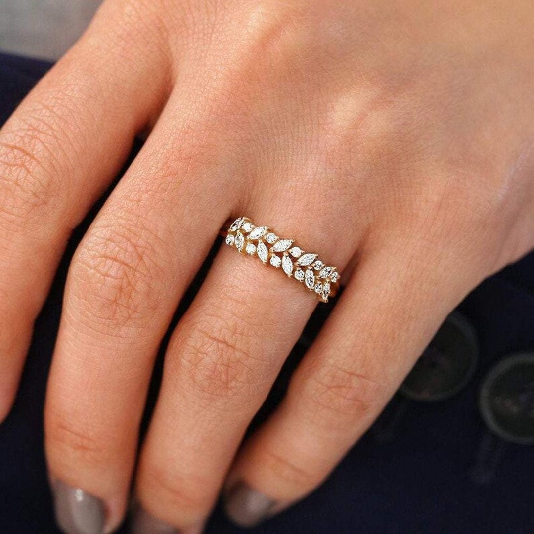 Elegant Double Band Diamond Double Wedding Band , 14k Solid Gold Ring ...