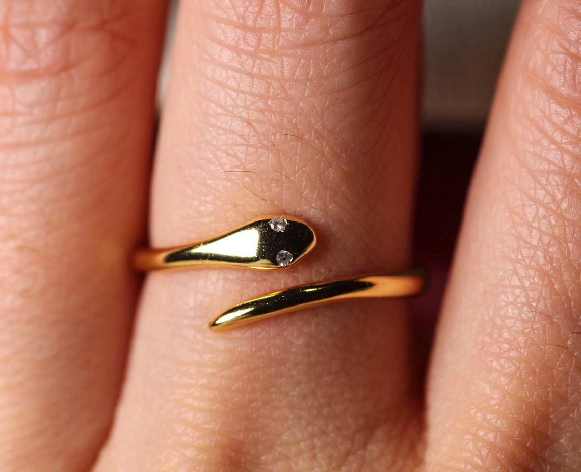Snake Tiny Round Diamond Adjustable 9K Solid Gold Ring | Etsy
