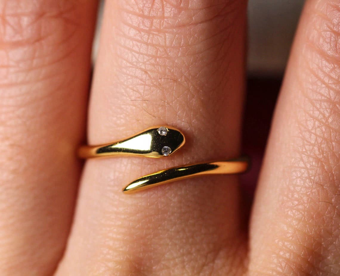 Snake Tiny Round Diamond Adjustable 9K Solid Gold Ring | Etsy
