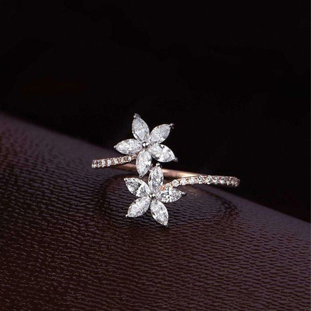14k Solid Gold Pave Flower Ring | Cocktail Ring Women |dainty Half ...
