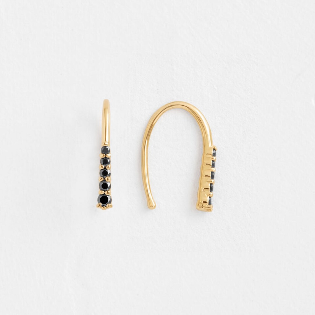 Dainty Plexie Threader Black Onyx Delicate Hook Earrings 14K Solid Gold ...
