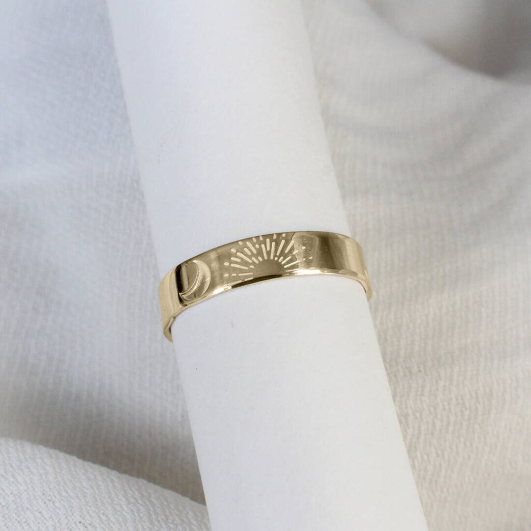 14K Solid Gold Moon and Sun Engraved Ring: Celestial Jewelry - Etsy
