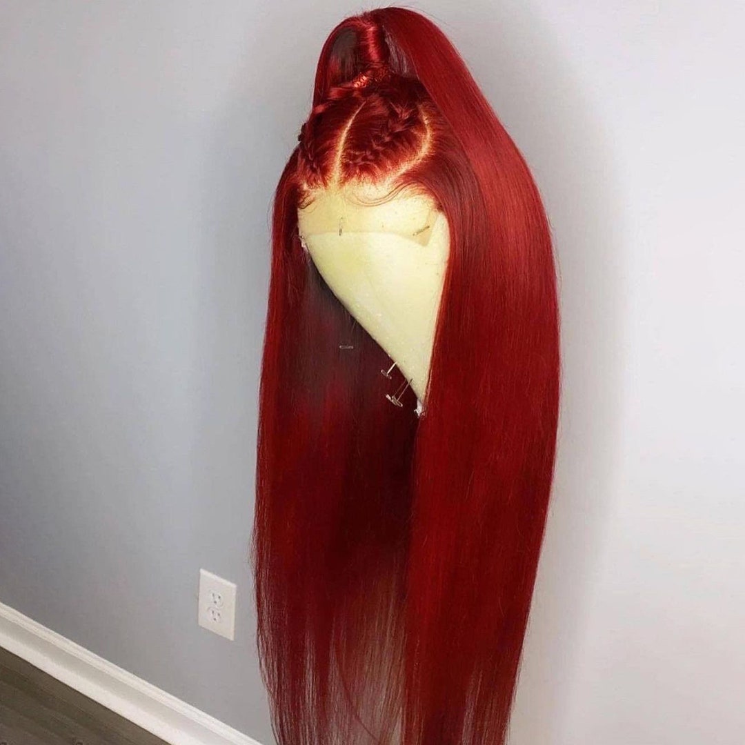 Red Color Wig Straight Human Hair Wigs Transparent Lace Front Wig for ...
