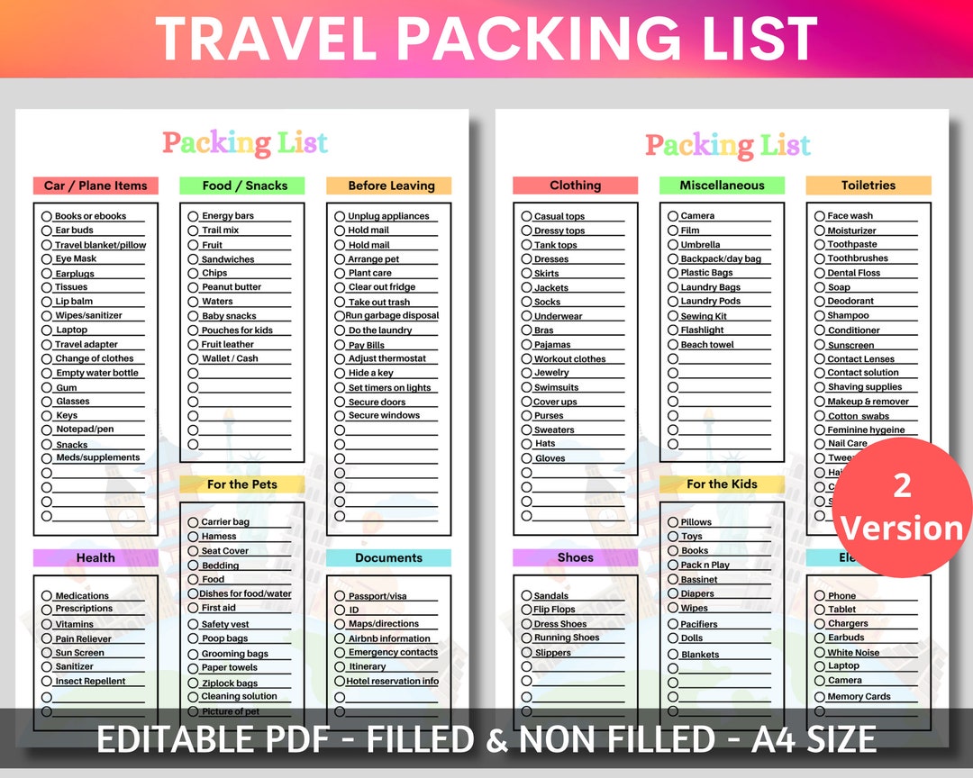 Editable Travel Packing List, Travel Packing List Printable, Packing ...