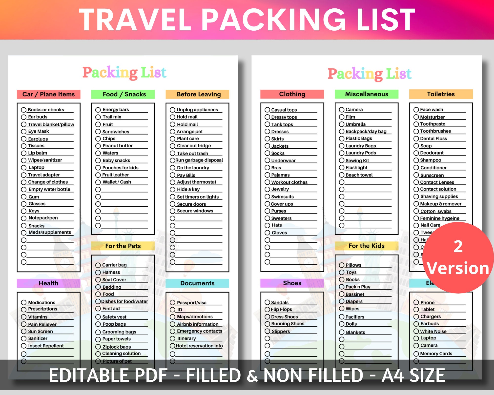 Editable Travel Packing List, Travel Packing List Printable, Packing ...