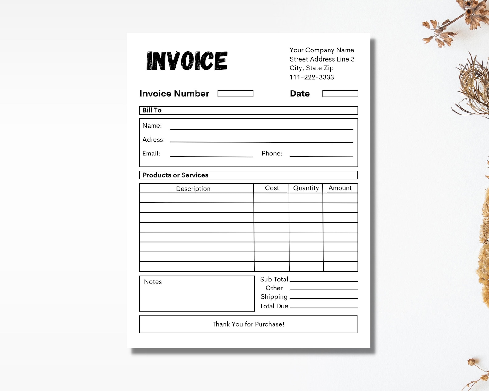Invoice Editable Template, Business Custom Order Form Printable ...